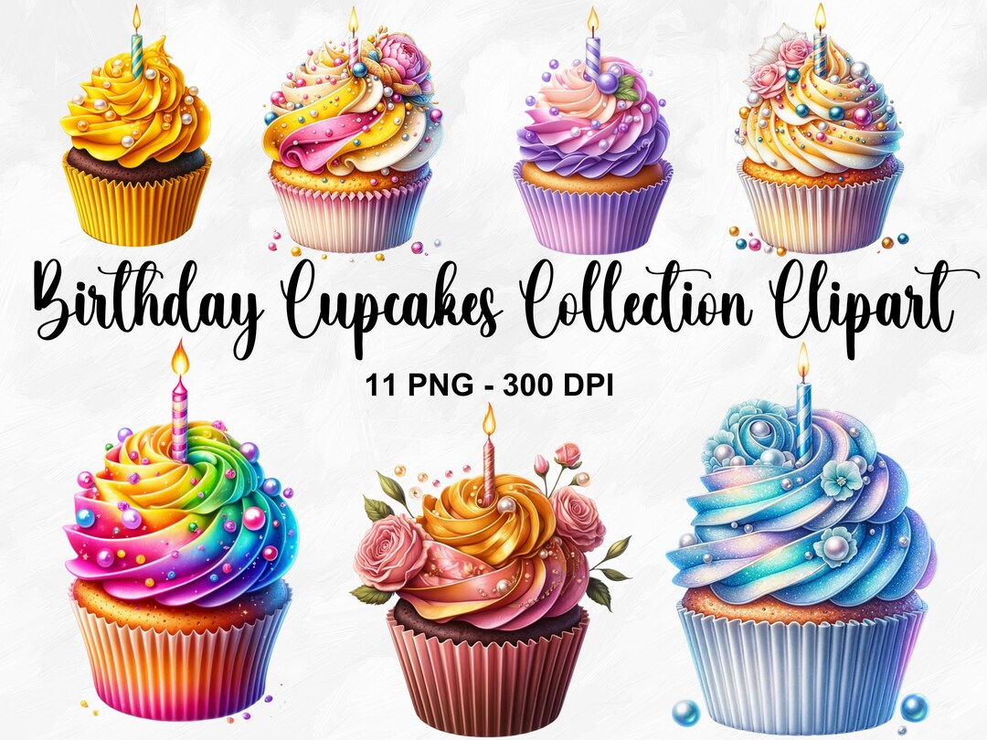 Watercolor Birthday Cupcakes Collection Clipart, 11 PNG Birthday ...