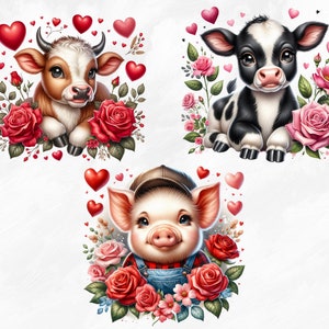 Watercolor Cute Valentines Farm Animals Clipart, 15 PNG Valentines Day ...