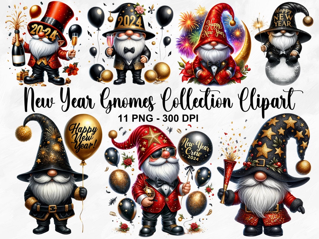 Watercolor New Year Gnomes Collection Clipart, 11 PNG Holiday Gnomes ...