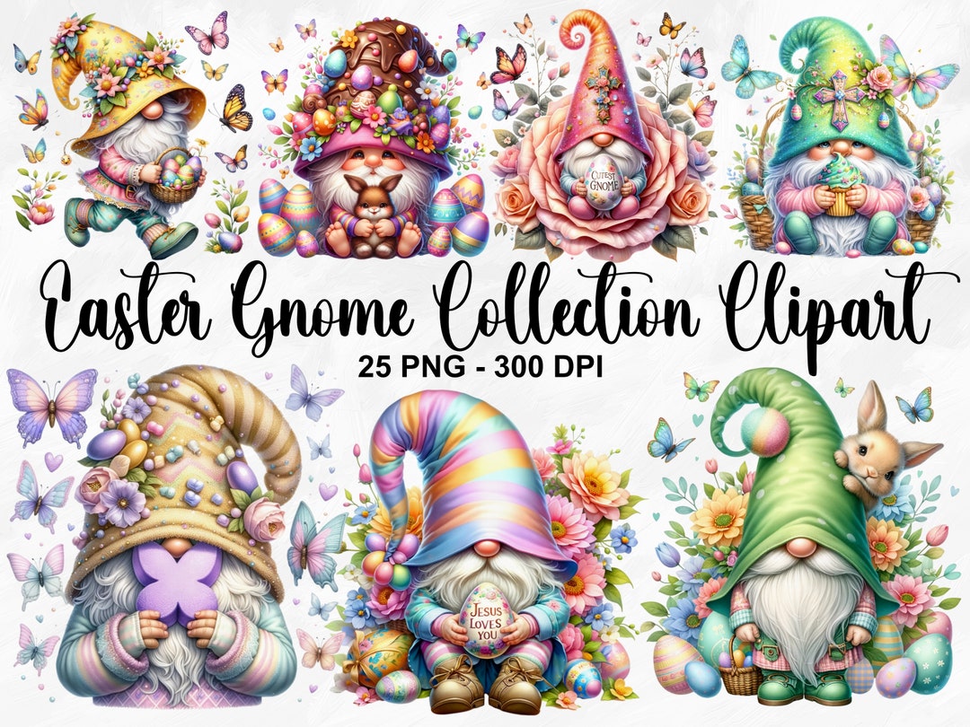 Watercolor Easter Gnome Collection Clipart, 25 PNG Easter Clipart ...