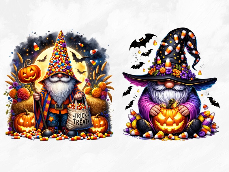 Watercolor Candy Corn Gnomes Collection Clipart, 10 PNG Halloween ...