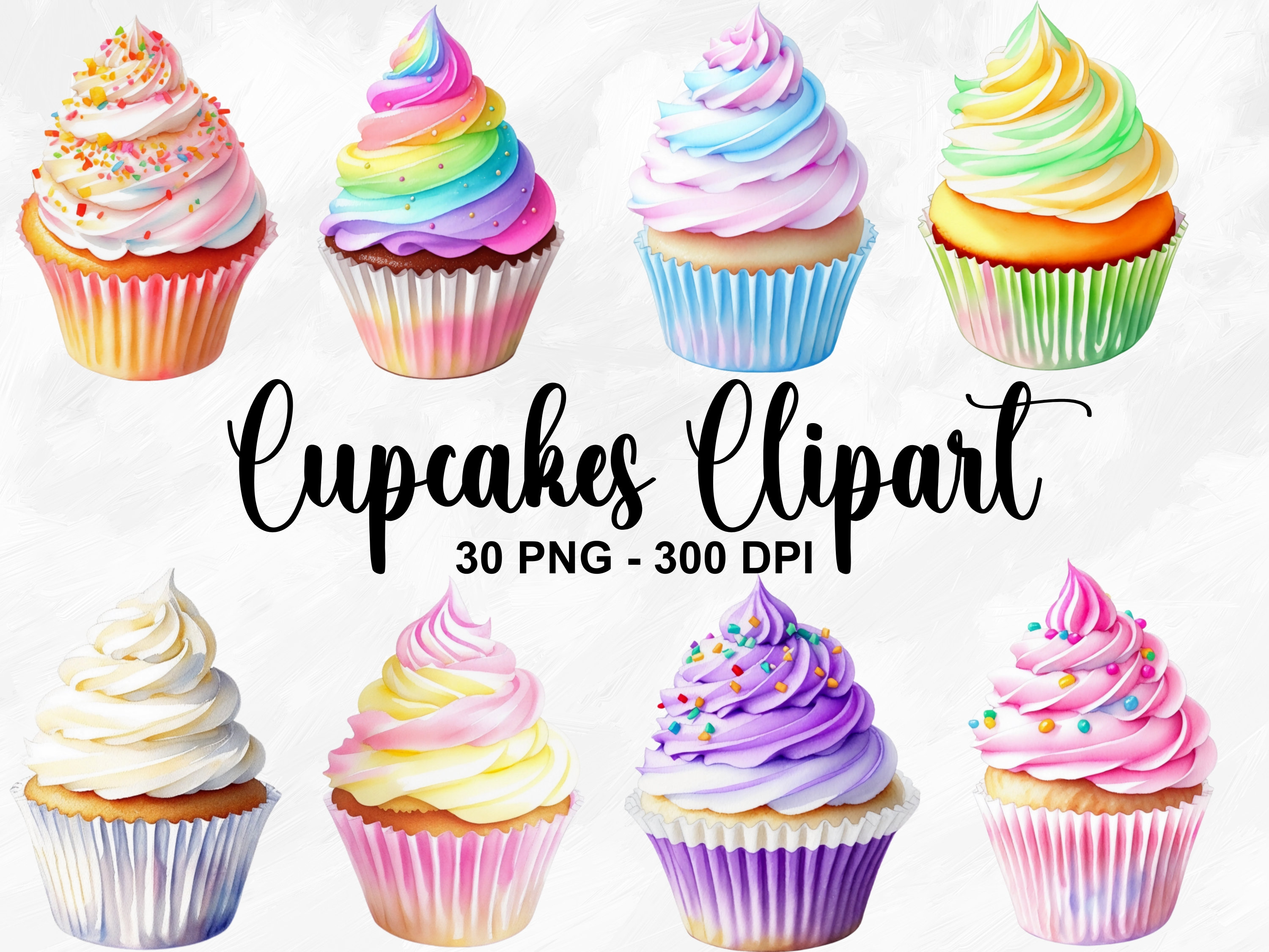 Watercolor Cupcakes Clipart, 30 PNG Cupcake Clip Art, Watercolor ...