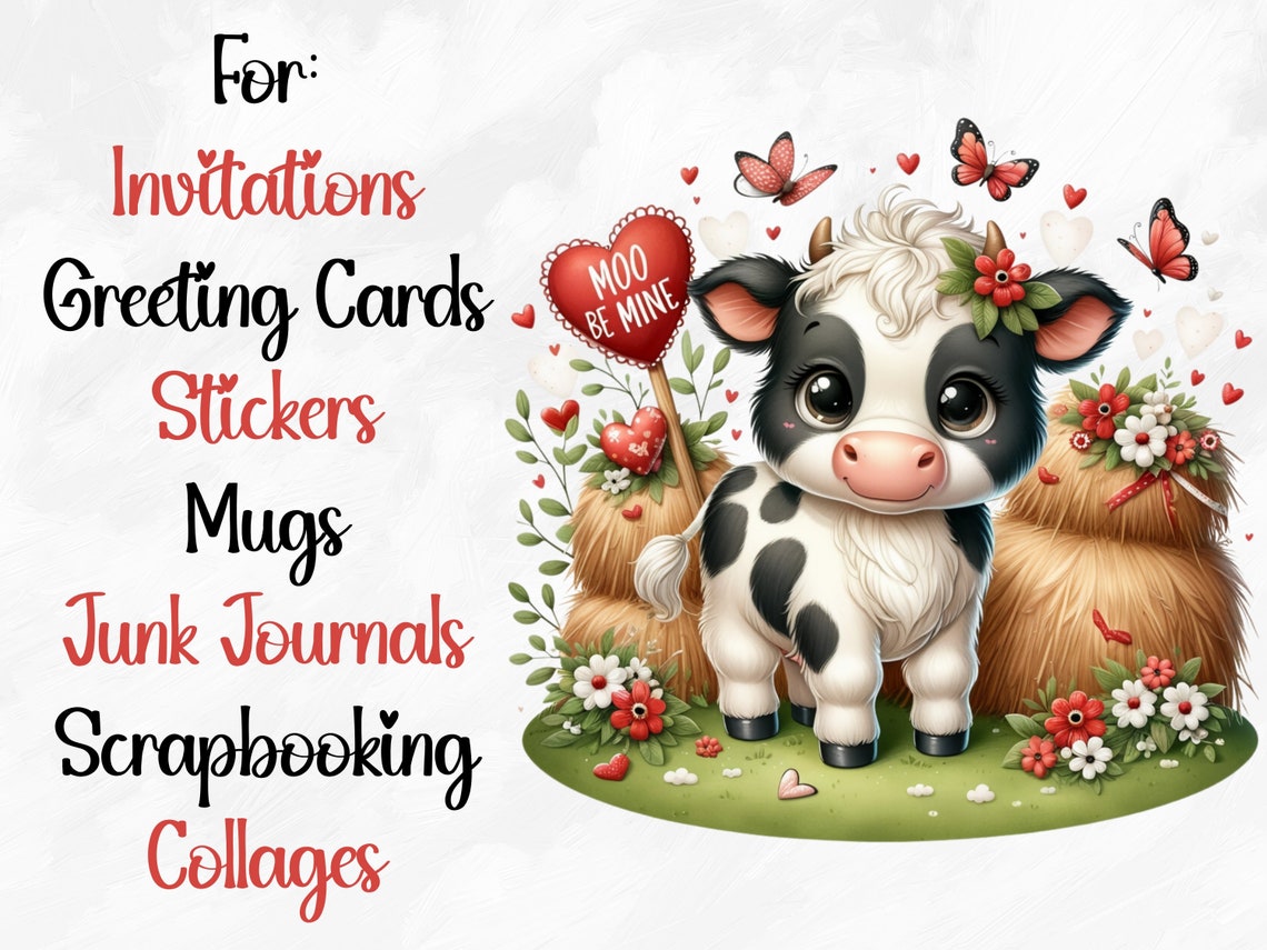 Watercolor Valentines Farm Animals Collection Clipart, 11 PNG ...