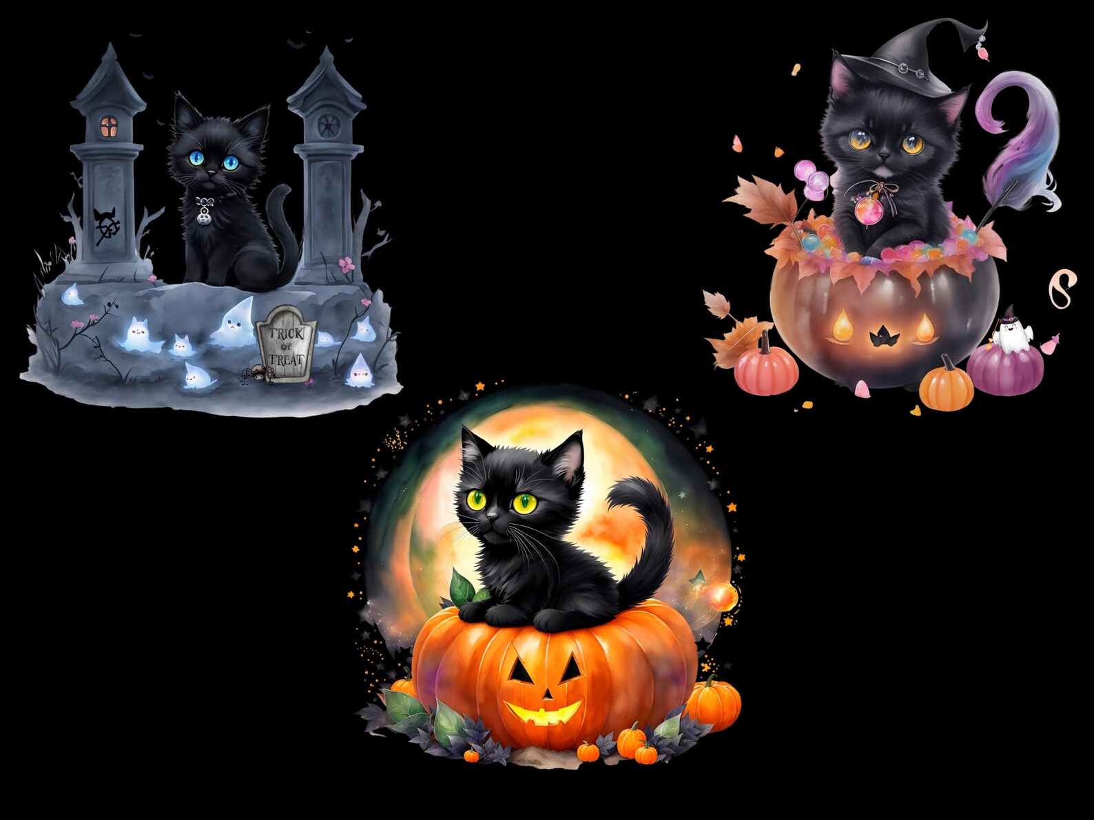 Watercolor Halloween Black Cat Clipart 9 PNG Watercolor - Etsy
