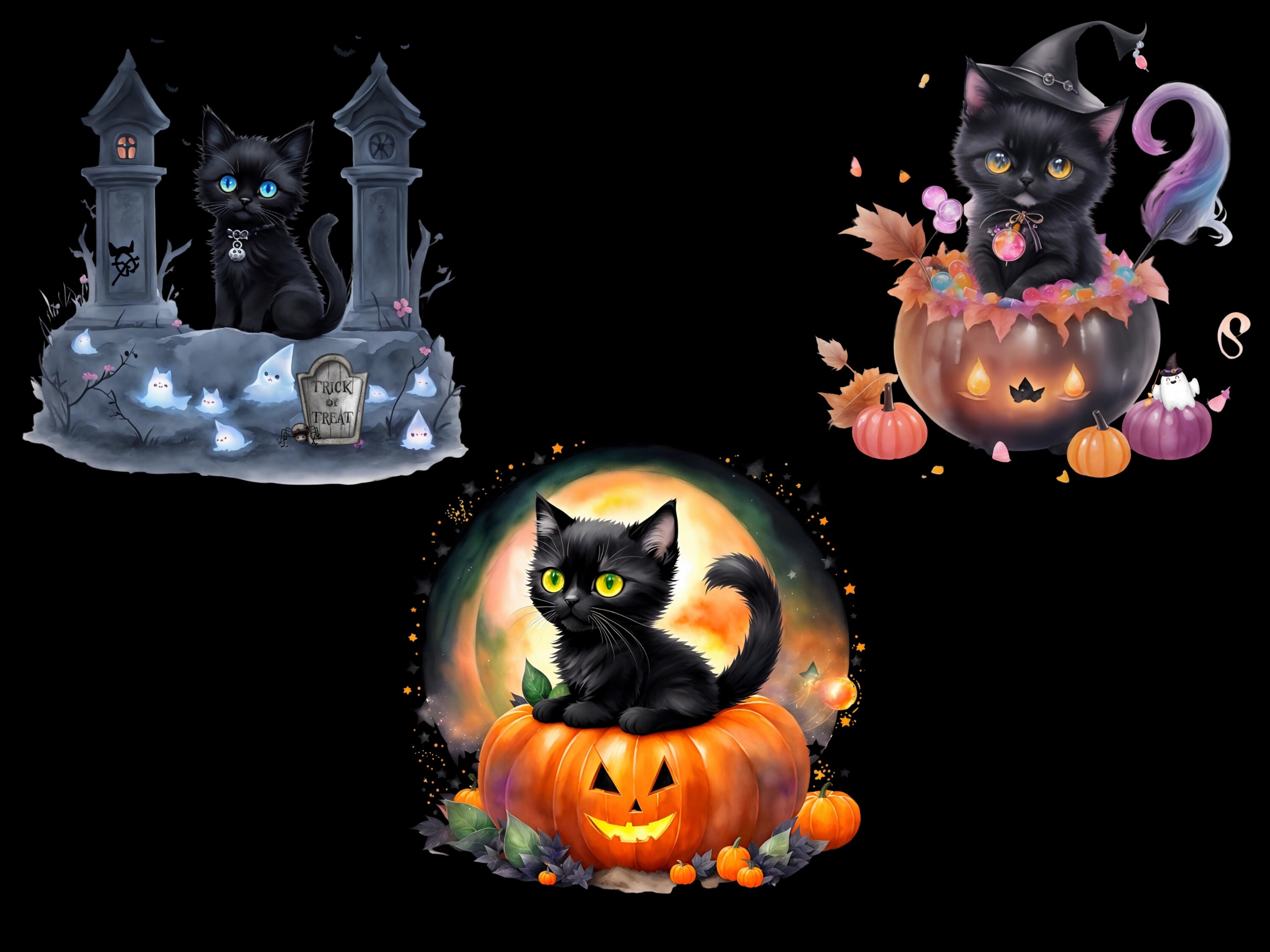 Watercolor Halloween Black Cat Clipart 9 PNG Watercolor - Etsy