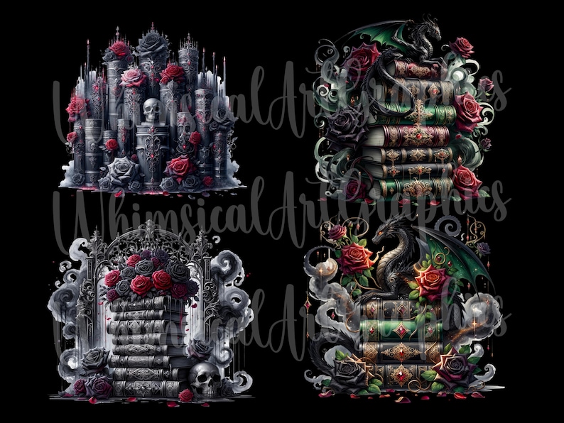 Dark Floral Book Stack PNG Bundle, Vintage Dragon Book Lover Clipart ...