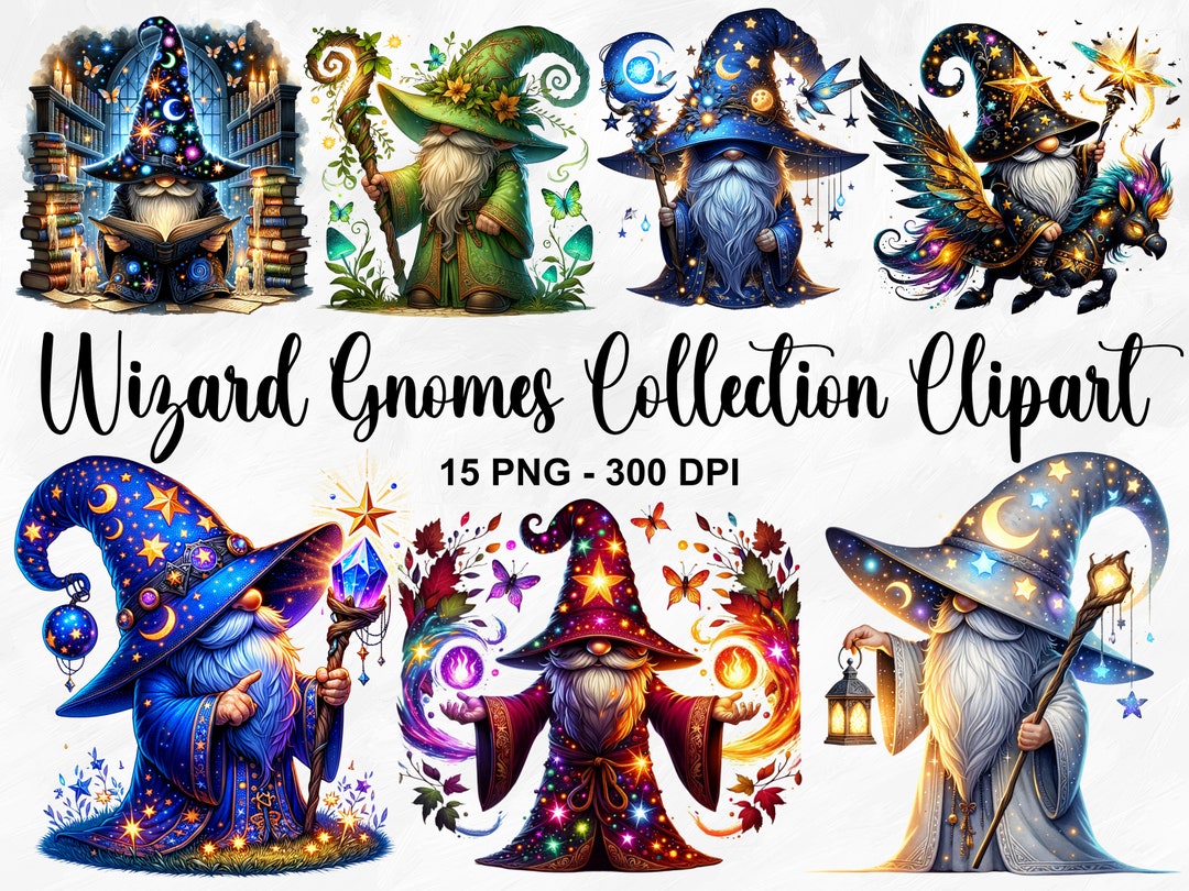 Watercolor Wizard Gnomes Collection Clipart, 15 PNG Gnome Clipart, Witch Gnome Clipart, Magic ...