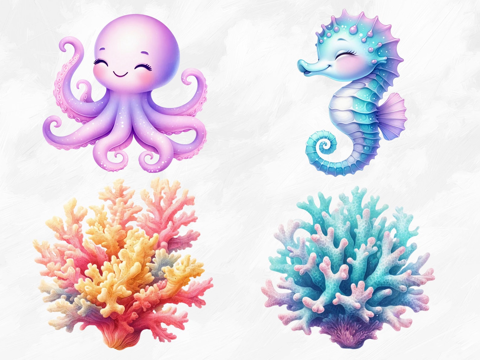 Watercolor Little Sea Animals Collection Clipart, 24 PNG Mermaid ...