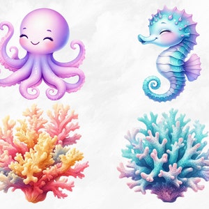 Watercolor Little Sea Animals Collection Clipart, 24 PNG Mermaid ...