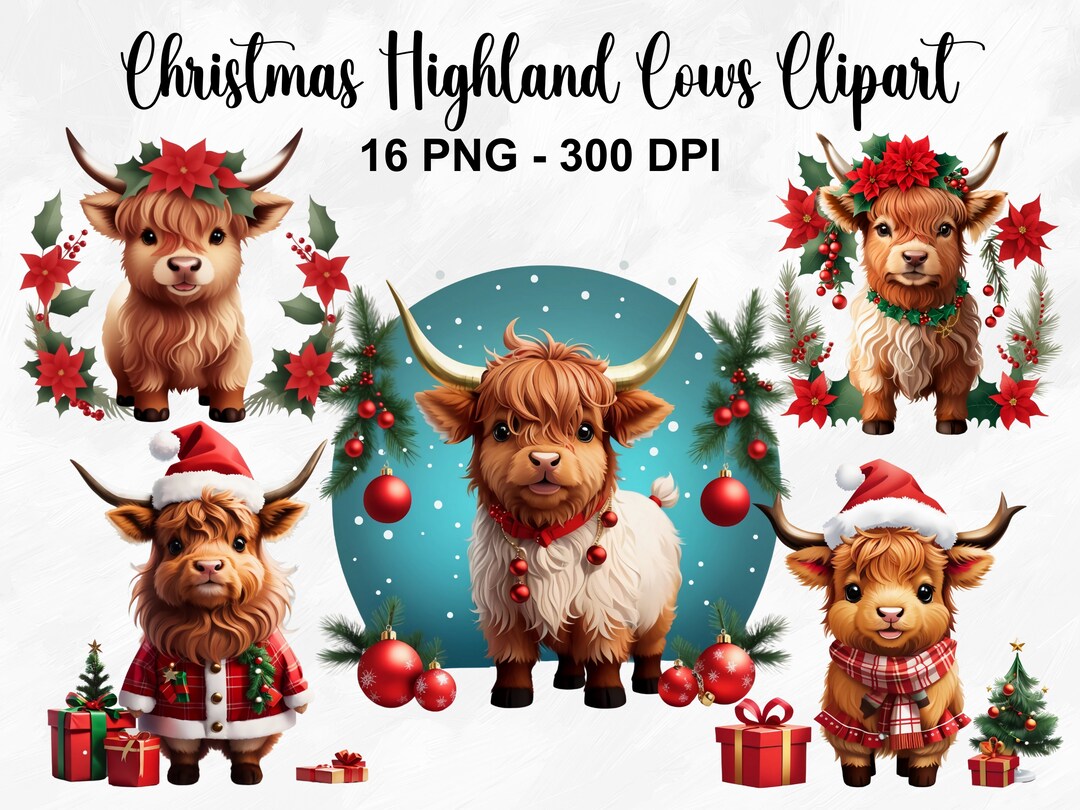 Watercolor Christmas Highland Cows Clipart, 16 PNG Holiday Highland Cow ...