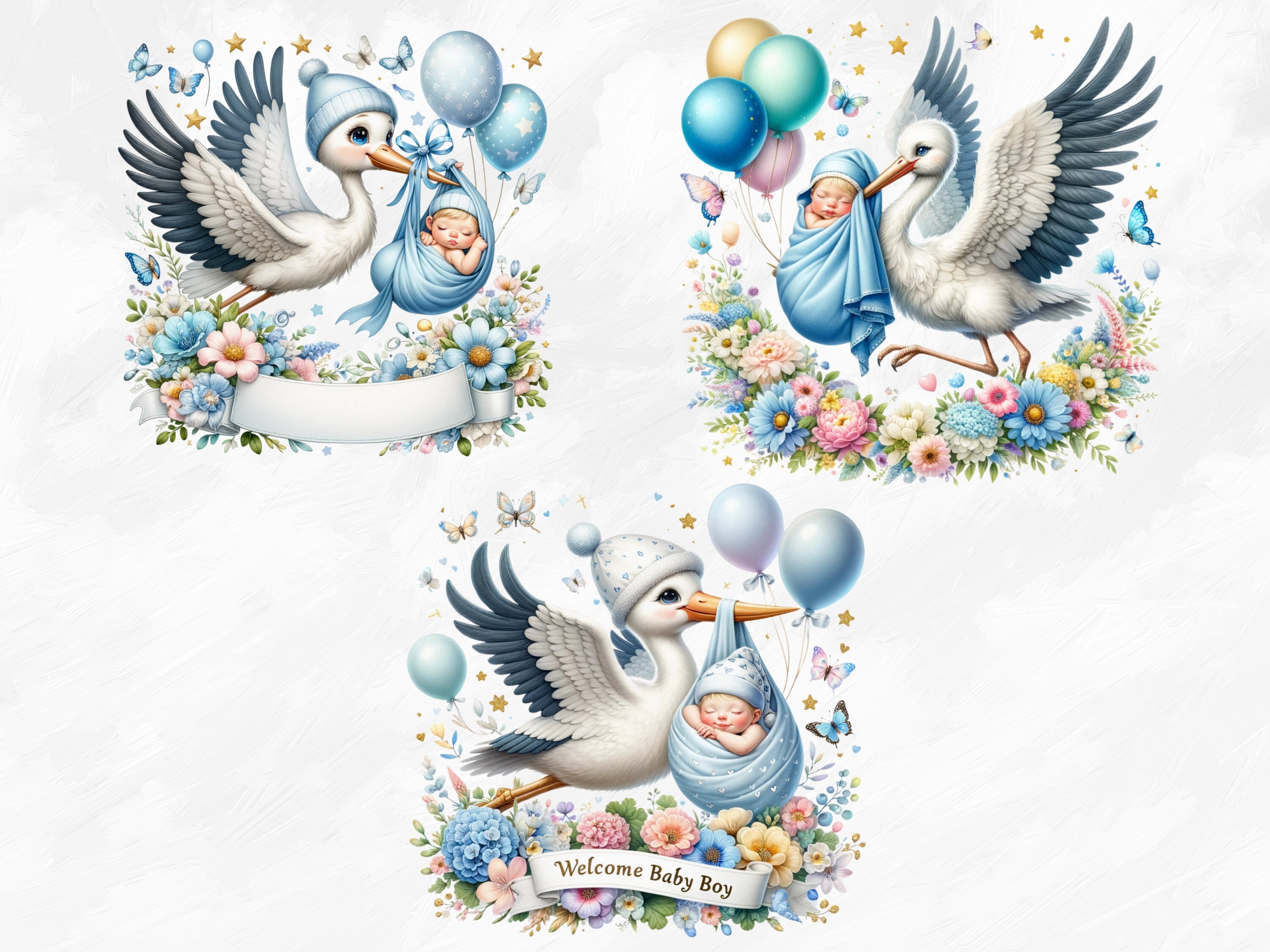 Watercolor Baby Boy Stork Collection Clipart, 12 PNG Stork Baby Boy ...