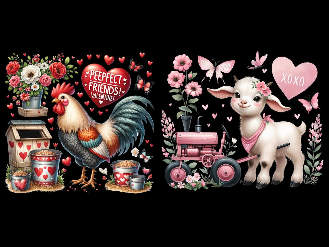 Watercolor Valentines Farm Animals Collection Clipart, 11 PNG ...