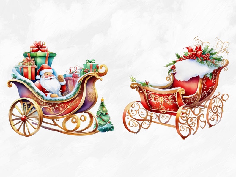 Watercolor Christmas Sleigh Clipart 15 PNG Santa Sleigh - Etsy