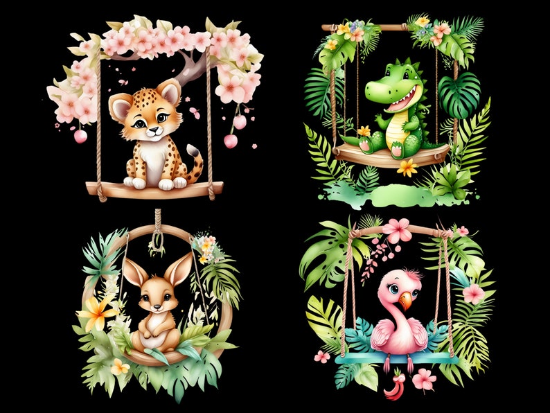 Watercolor Baby Animals on Swings Clipart, 27 PNG Safari Animals ...