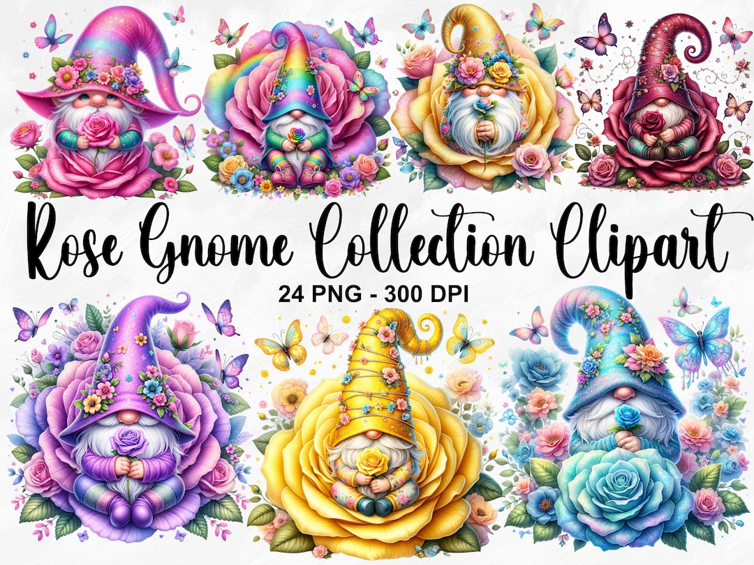 Watercolor Rose Gnome Collection Clipart, 24 PNG Mothers Day Clipart ...