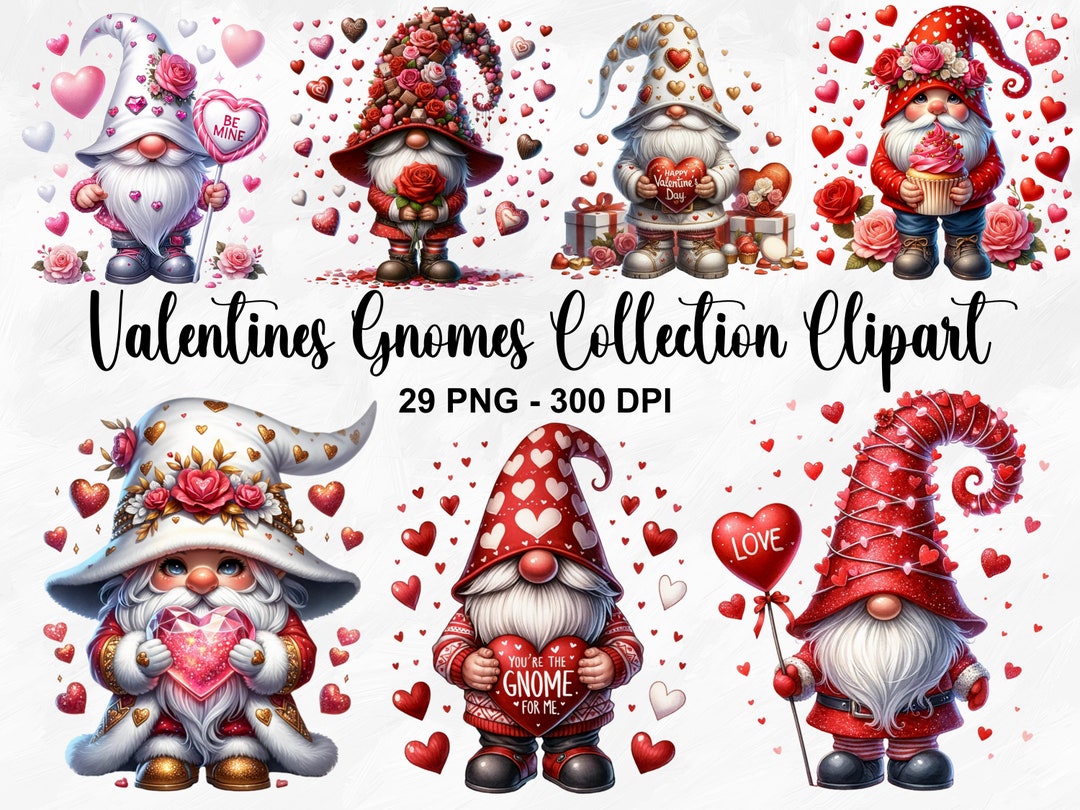 Watercolor Valentines Gnomes Clipart, 29 PNG Festive Gnomes Clipart ...
