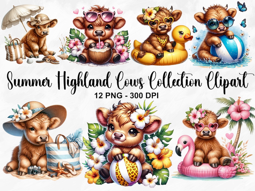 Watercolor Summer Highland Cows Collection Clipart, 12 PNG Beach ...