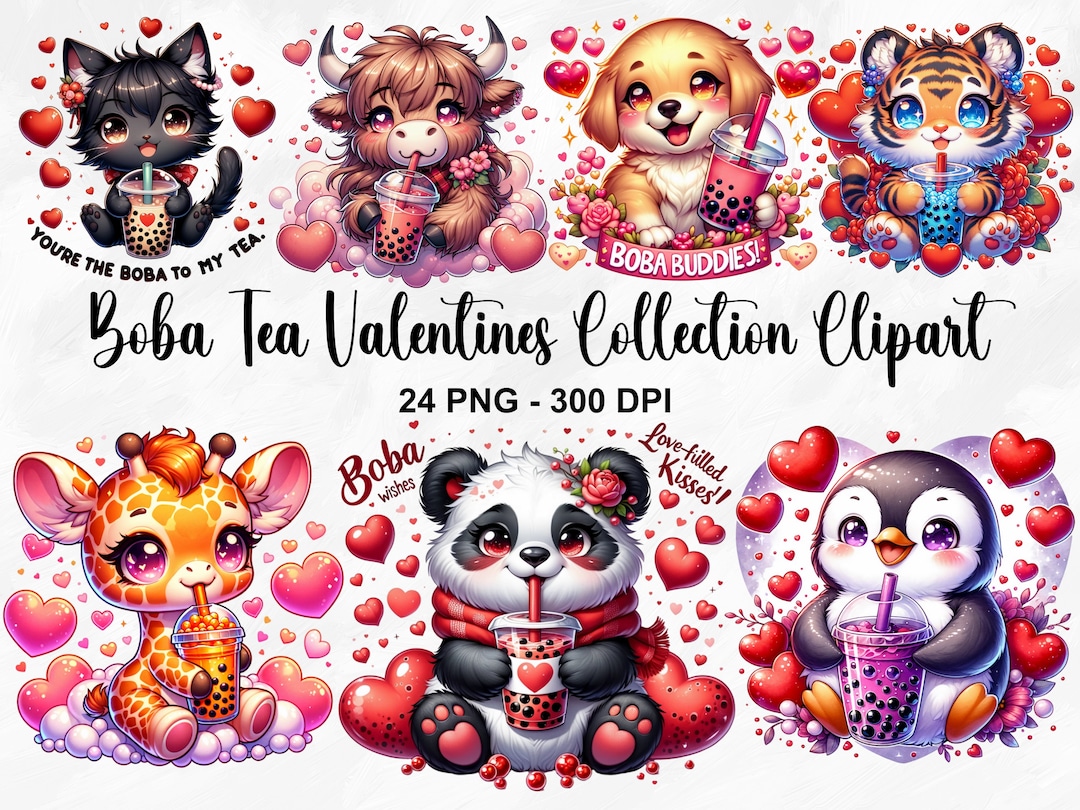 Watercolor Boba Tea Valentines Collection Clipart, 24 PNG Valentines ...
