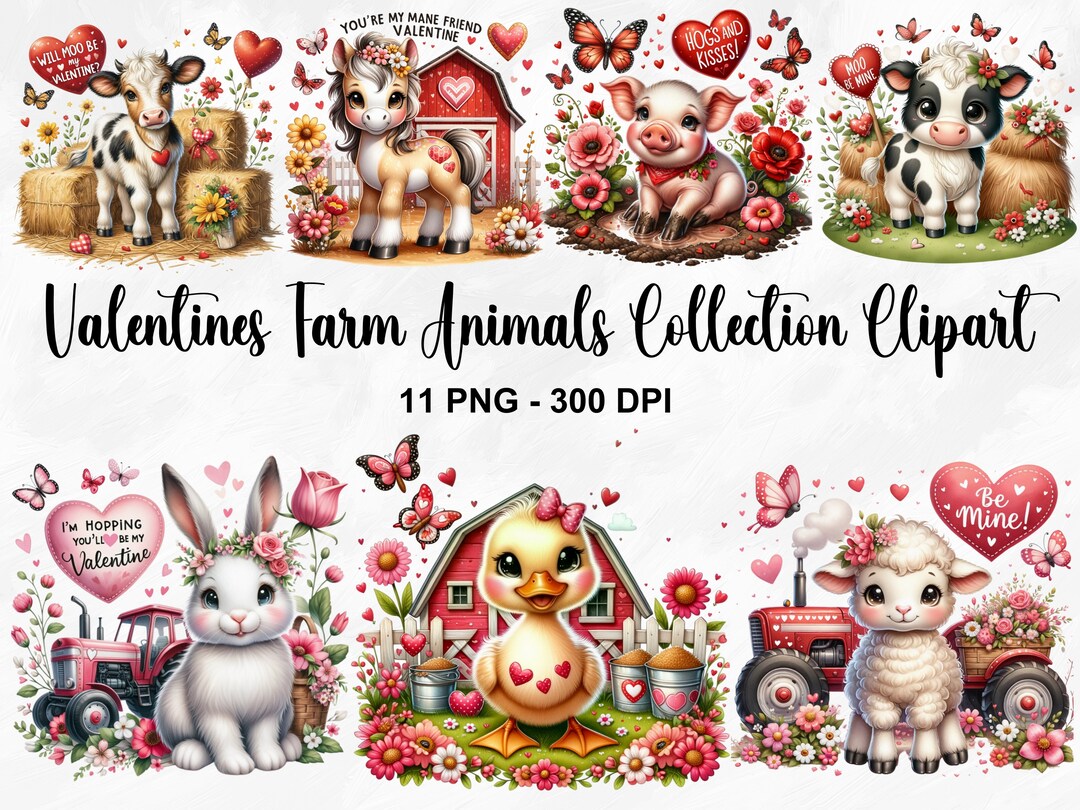 Watercolor Valentines Farm Animals Collection Clipart, 11 PNG ...