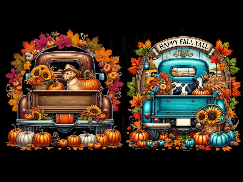 Watercolor Fall Trucks Collection Clipart, 12 PNG Hello Fall Clipart ...