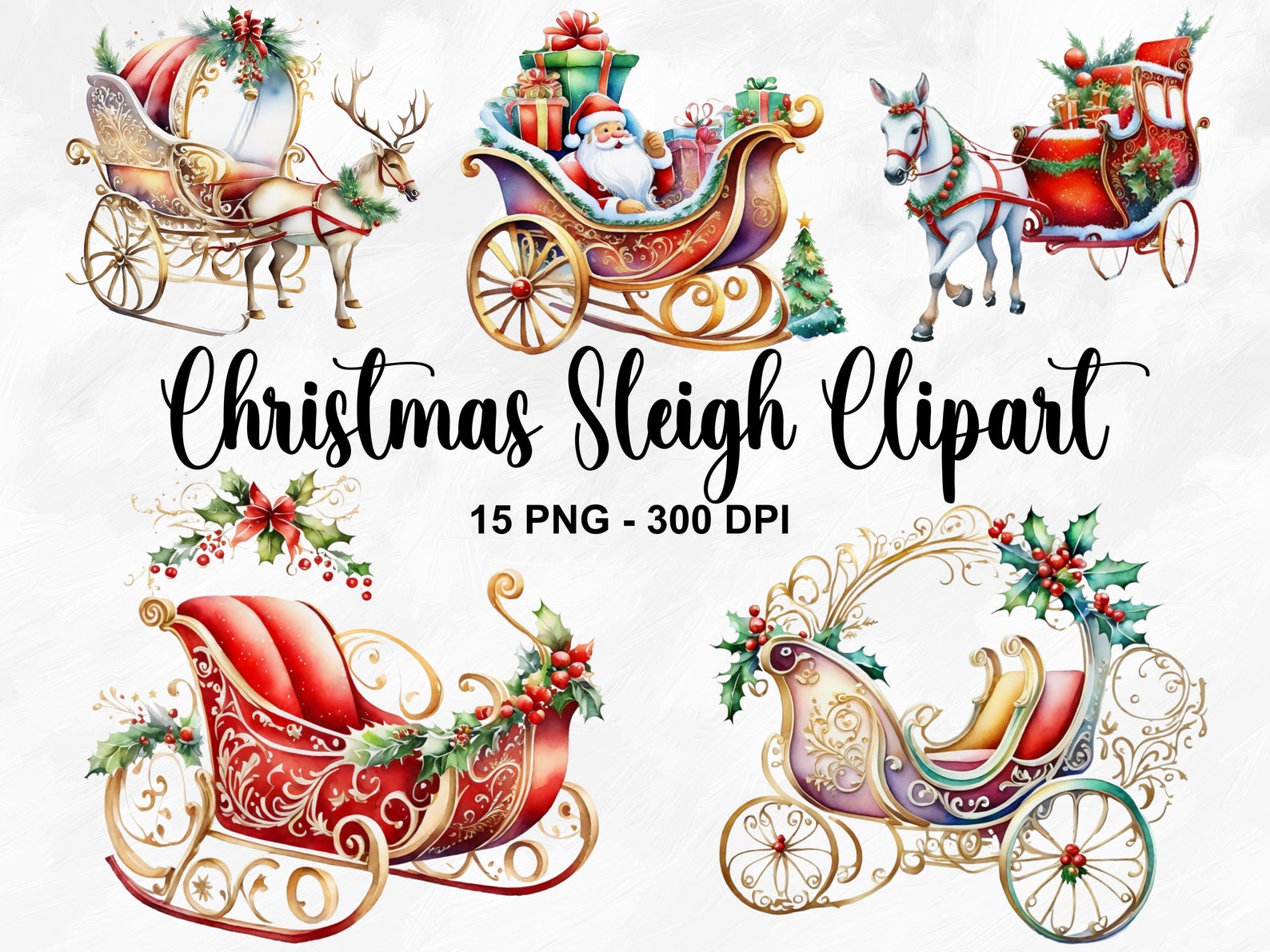 Watercolor Christmas Sleigh Clipart 15 PNG Santa Sleigh - Etsy