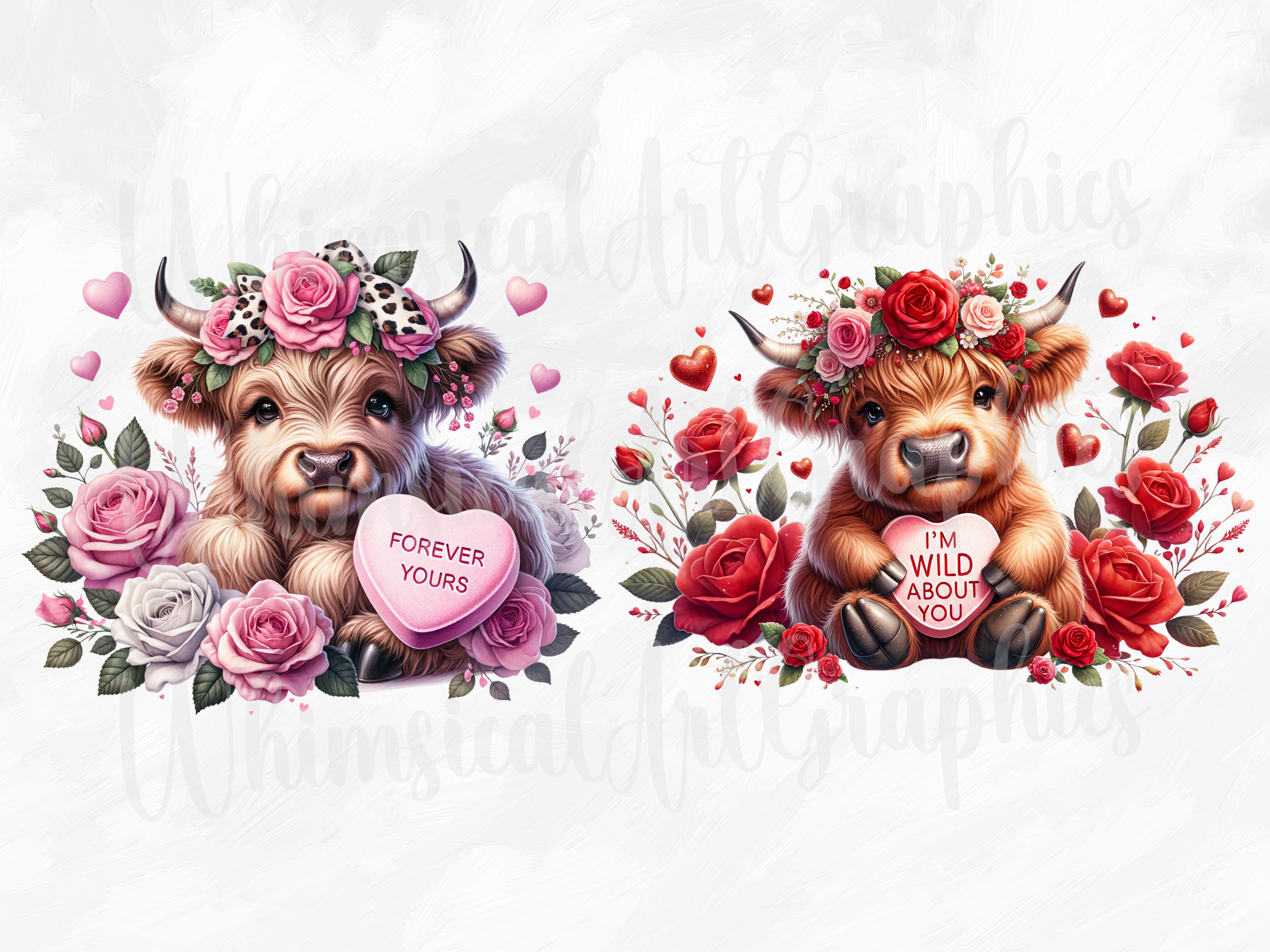 Watercolor Candy Heart Cows Collection Clipart, 12 PNG Valentines ...
