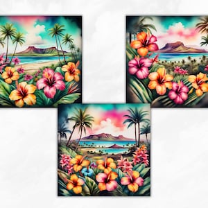 Watercolor Hawaiian Views Digital Paper, Hawaiian Art, Hawaiian Beach ...