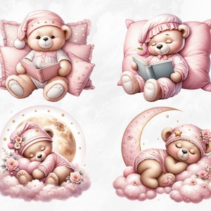 Watercolor Pink Sleepy Teddy Bear Clipart, 23 PNG Cute Baby Bear ...