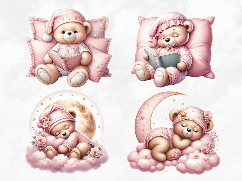 Watercolor Pink Sleepy Teddy Bear Clipart, 23 PNG Cute Baby Bear ...