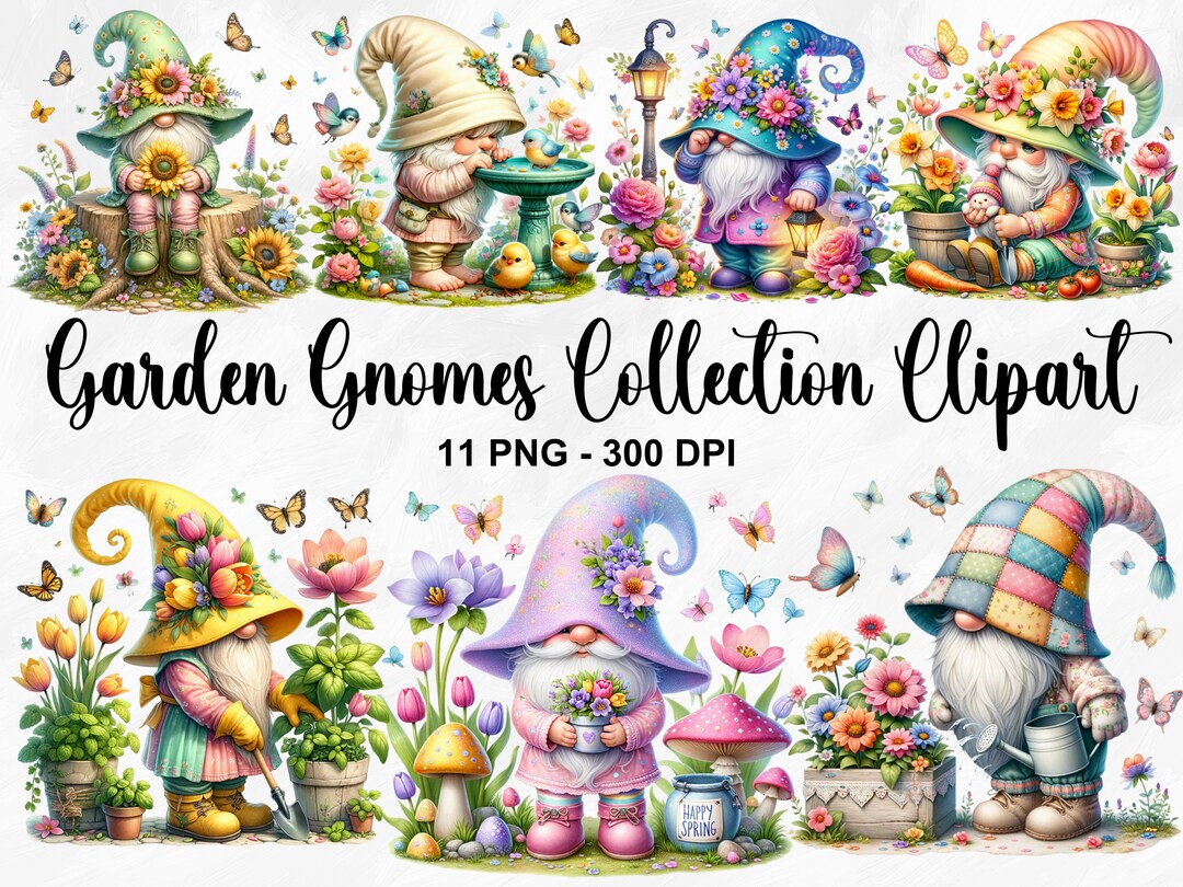 Watercolor Garden Gnomes Collection Clipart, 11 PNG Spring Garden ...
