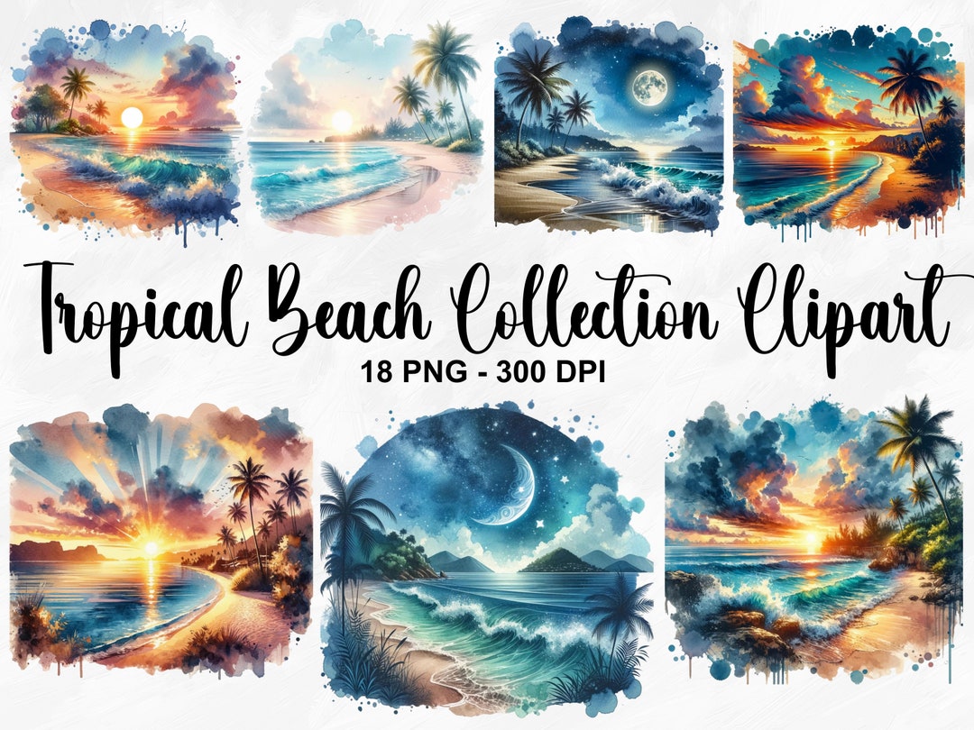 Watercolor Tropical Beach Collection Clipart, 18 PNG Beach Clipart ...