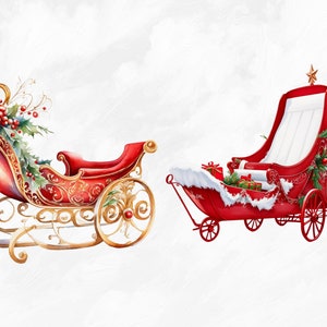 Watercolor Christmas Sleigh Clipart, 15 PNG Santa Sleigh Clipart, Red ...