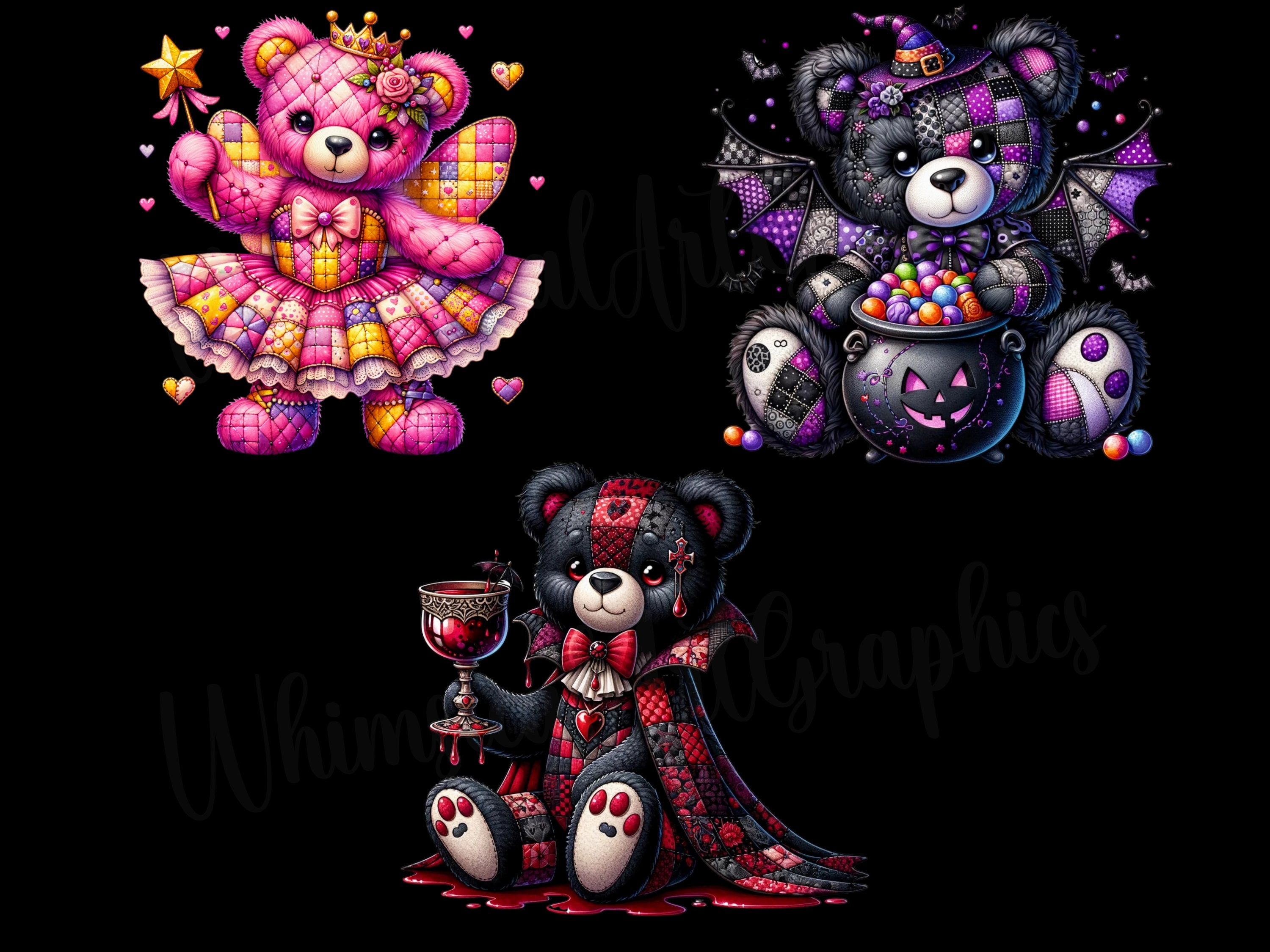 Watercolor Gothic Teddy Bears Collection Clipart, 18 PNG Halloween ...