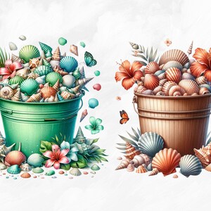 Watercolor Seashell Buckets Collection Clipart, 10 PNG Beach Clipart ...
