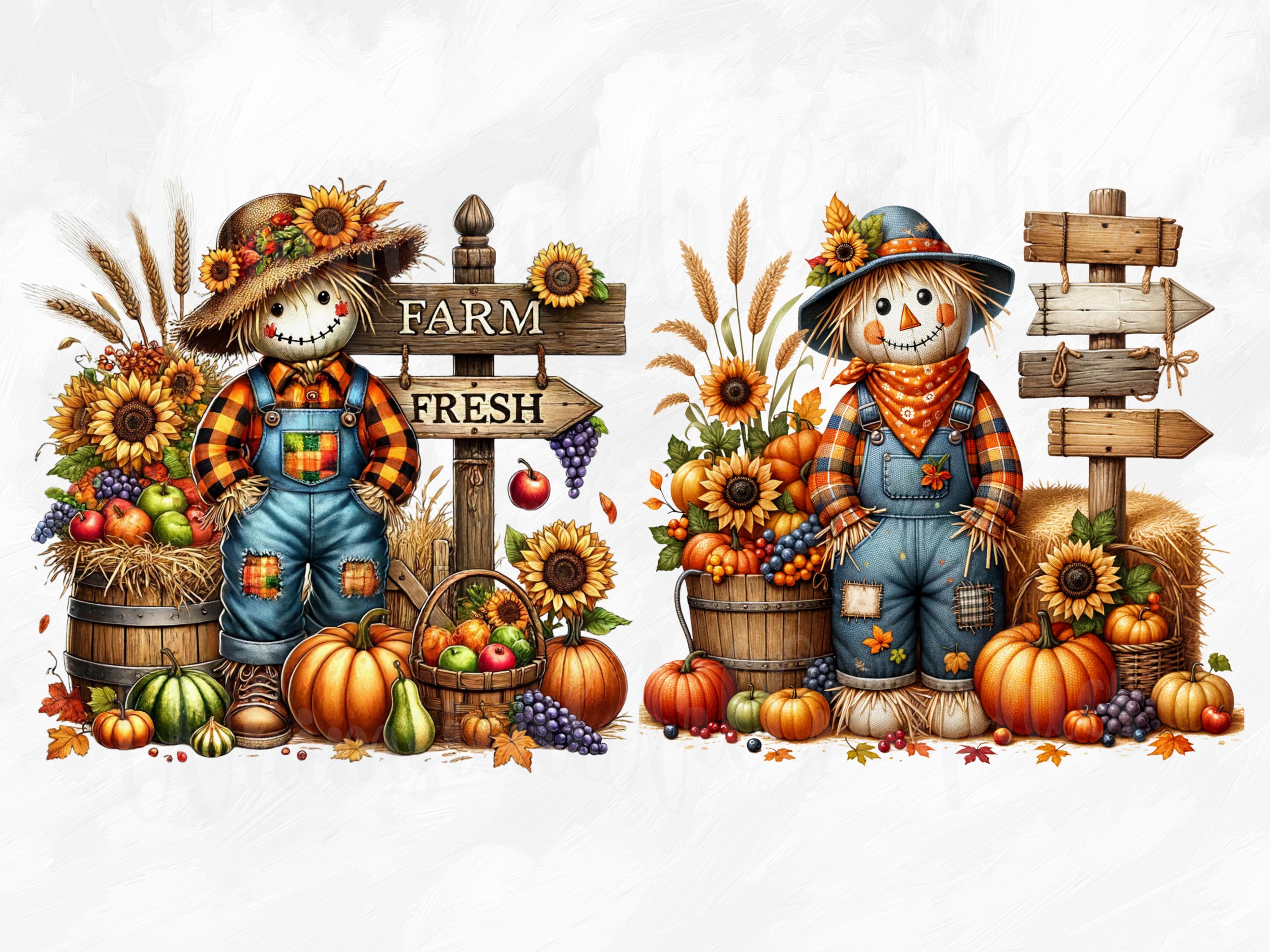 Watercolor Fall Scarecrows Collection Clipart, 11 PNG Autumn Clipart ...