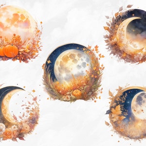 Watercolor Autumn Harvest Moons Clipart, 15 PNG Watercolor Moons ...