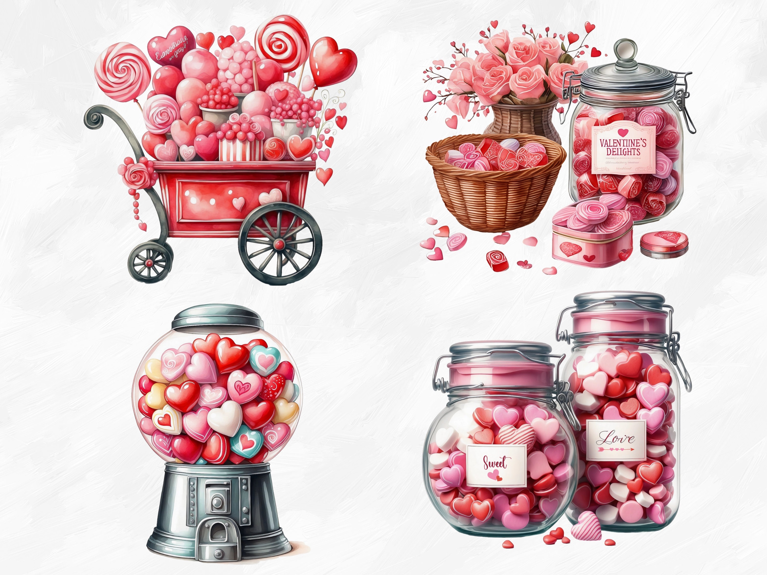 Watercolor Cute Valentines Candy Shop Clipart, 23 PNG Valentines Day ...