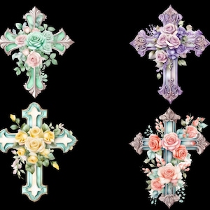 Watercolor Pastel Rose Cross Collection Clipart, 17 PNG Floral Crucifix ...