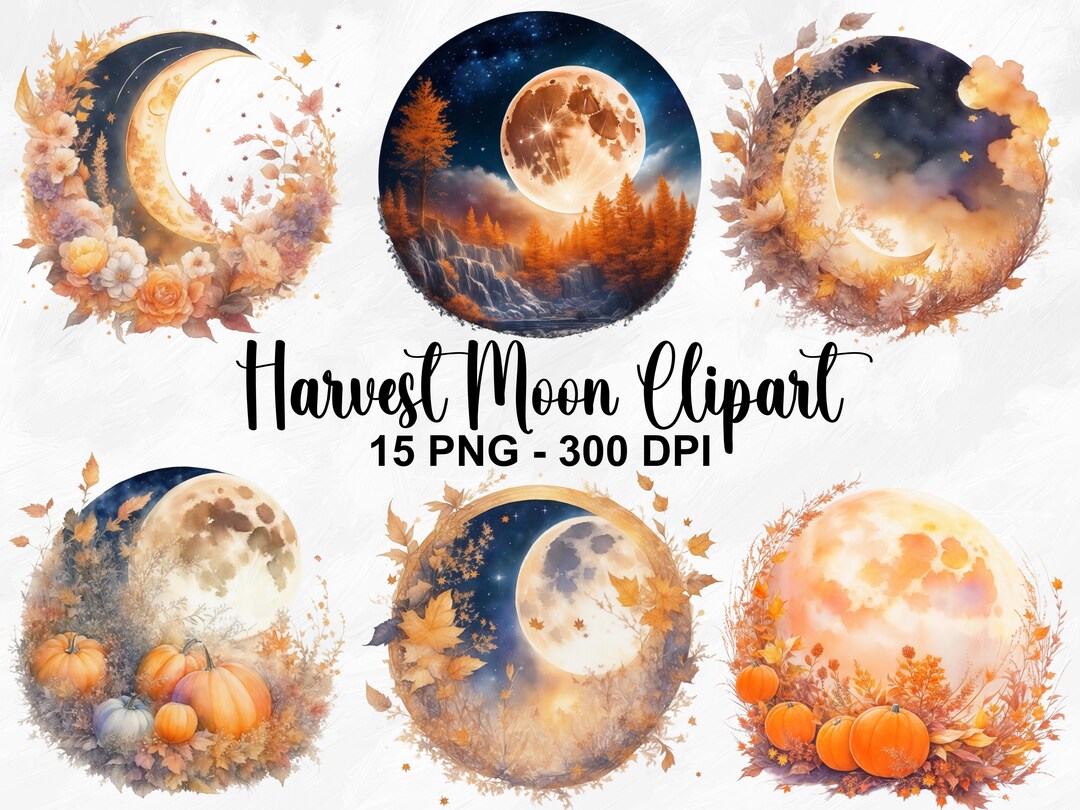 Watercolor Autumn Harvest Moons Clipart, 15 PNG Watercolor Moons ...