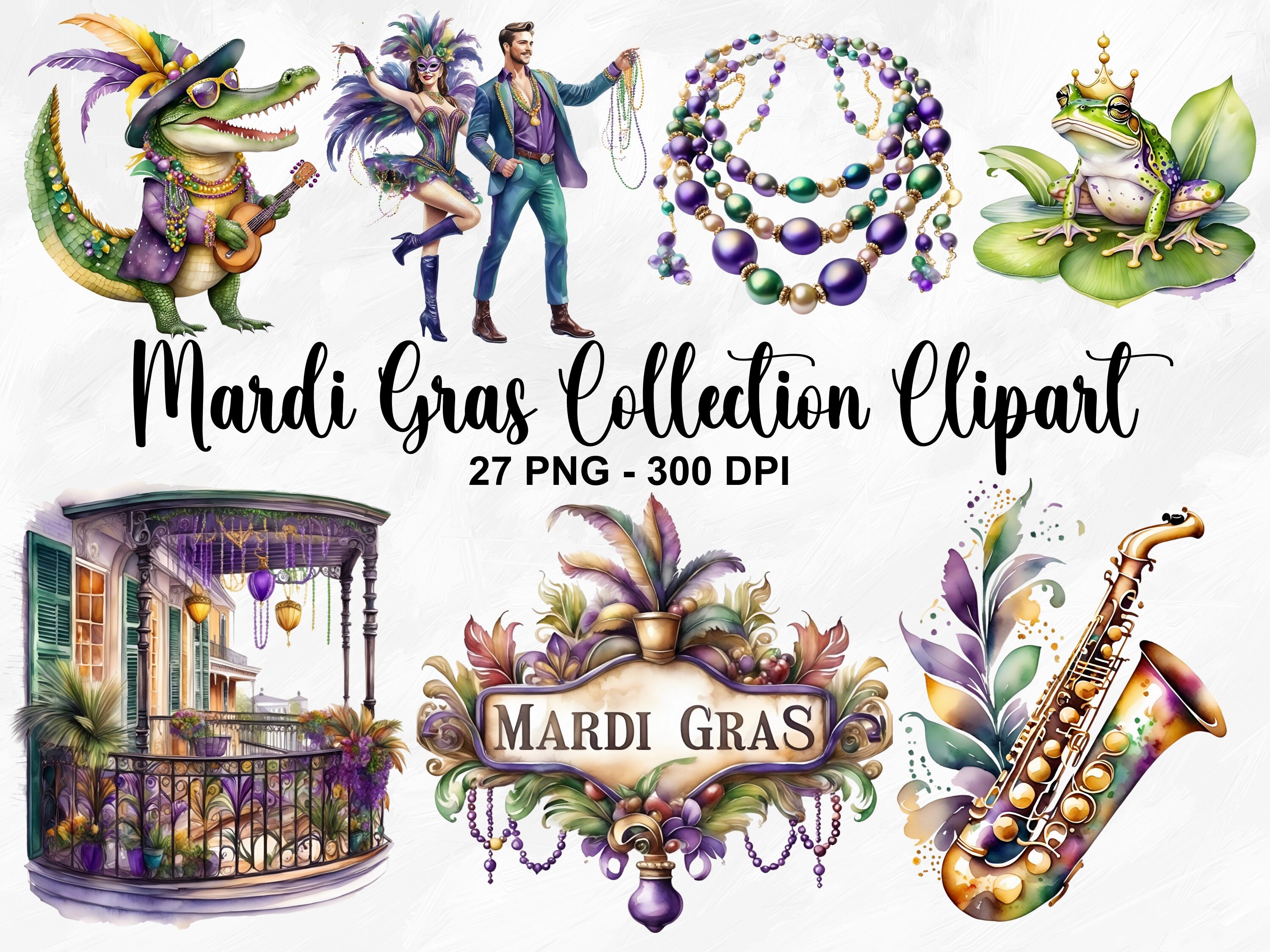 Watercolor Mardi Gras Collection Clipart, 27 PNG Fleur De Lis Clipart ...