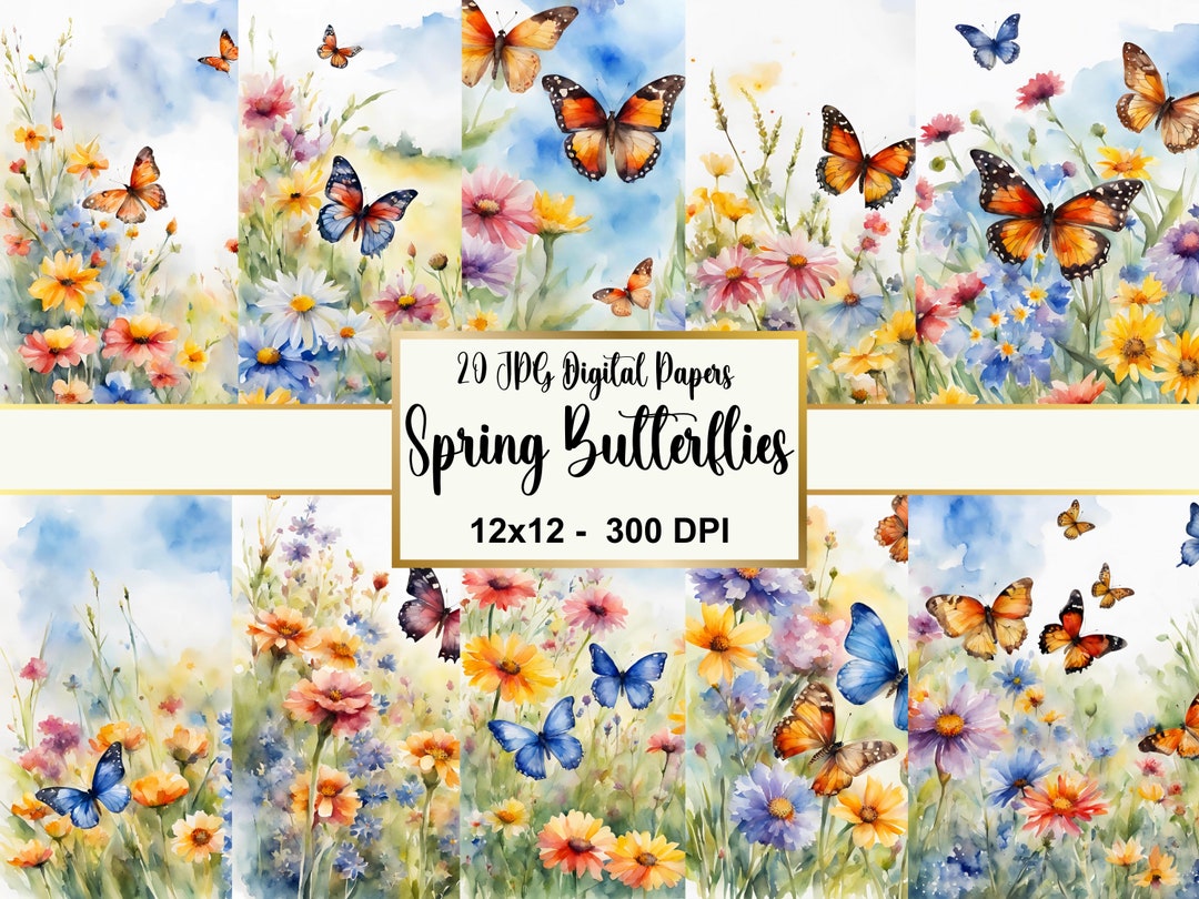 Watercolor Spring Butterflies Digital Paper, Floral Butterfly Junk ...