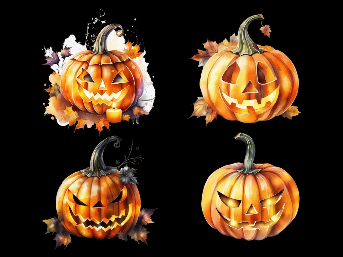 Watercolor Halloween Jack O Lantern Collection Clipart, 30 PNG ...