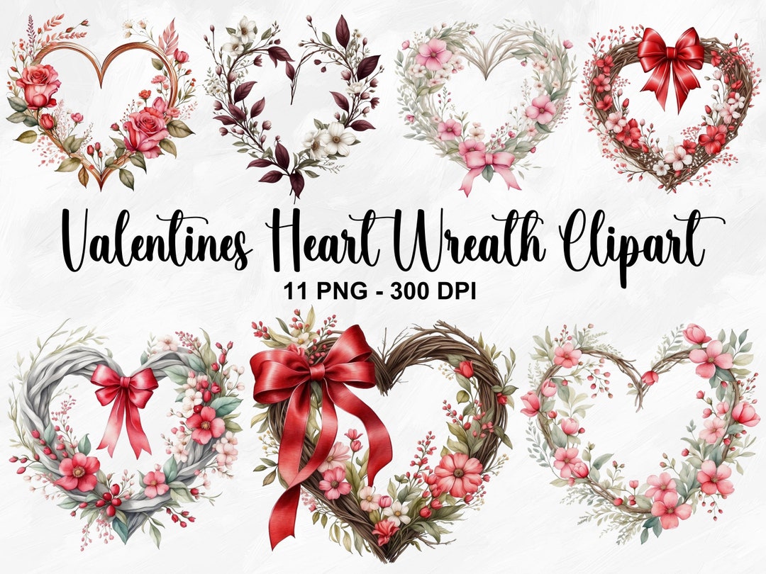 Watercolor Valentines Heart Wreath Clipart, 11 PNG Valentines Day ...