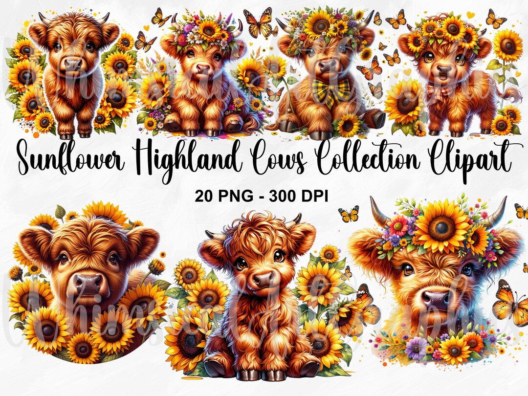 Watercolor Sunflower Highland Cows Clipart, 20 PNG Spring Flowers ...