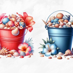 Watercolor Seashell Buckets Collection Clipart, 10 PNG Beach Clipart ...