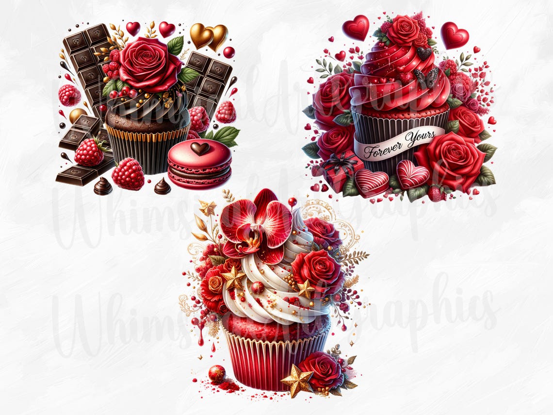 Red Valentines Day Cupcake Collection Clipart, 16 PNG Valentine Clipart ...