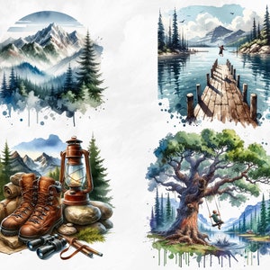 Watercolor Camping Collection Clipart, 24 PNG Mountain Landscape ...