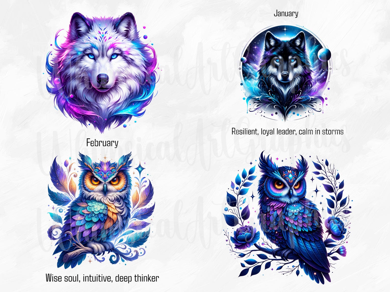 Birth Month Spirit Animal Clipart Bundle PNG | 24 PNG Zodiac Animal ...