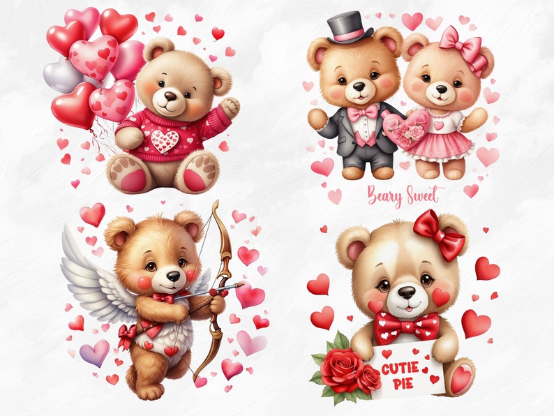 Watercolor Valentines Teddy Bear Clipart, 25 PNG Valentines Day Clipart ...