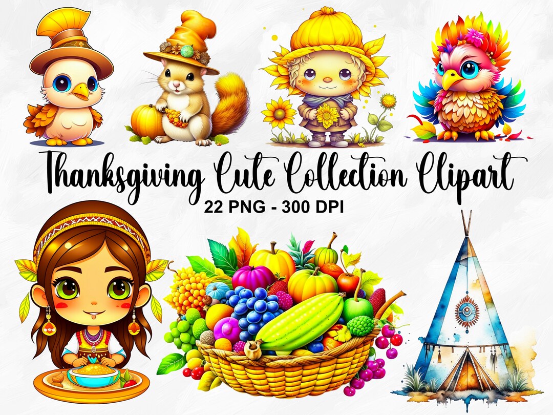 Watercolor Thanksgiving Cute Collection Clipart, 22 PNG Thanksgiving ...